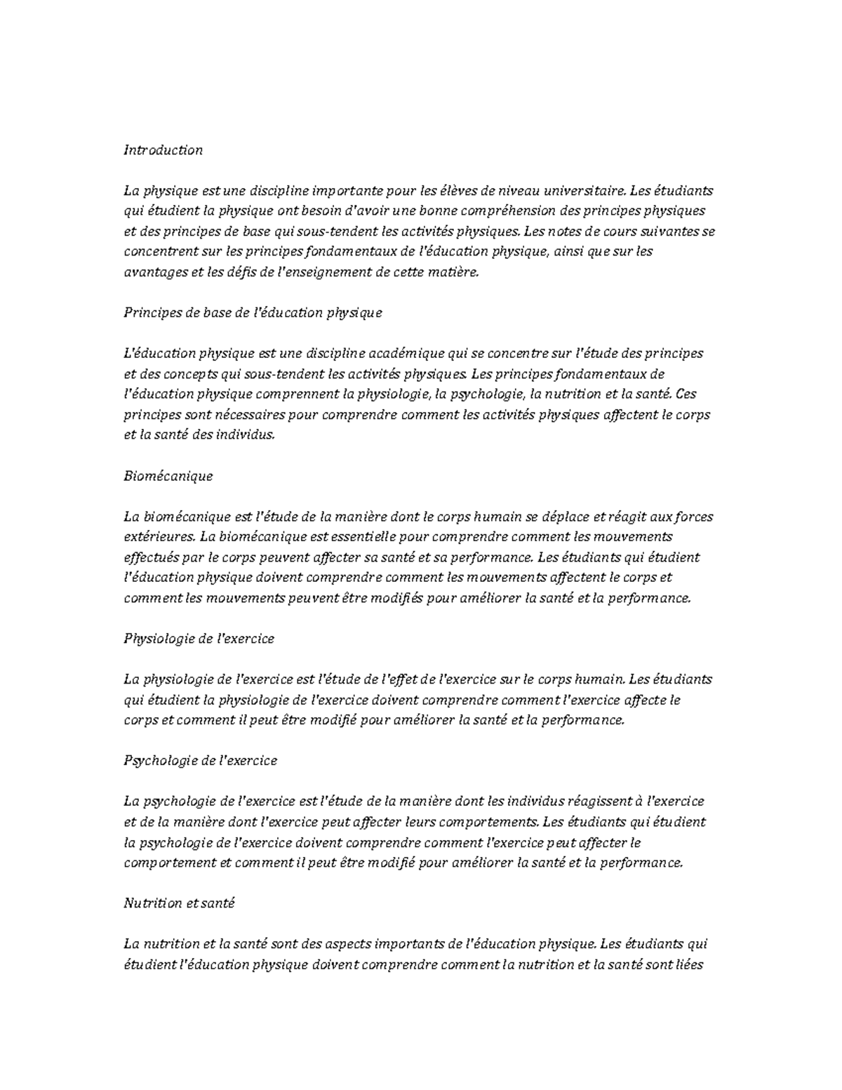 Physical Education note study - Introduction La physique est une ...