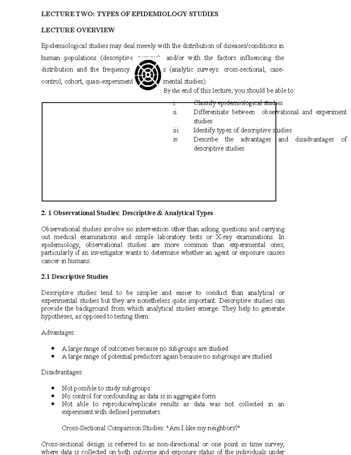Lecture TWO Epidemiologic studies - LECTURE TWO: TYPES OF EPIDEMIOLOGY STUDIES LECTURE OVERVIEW ...