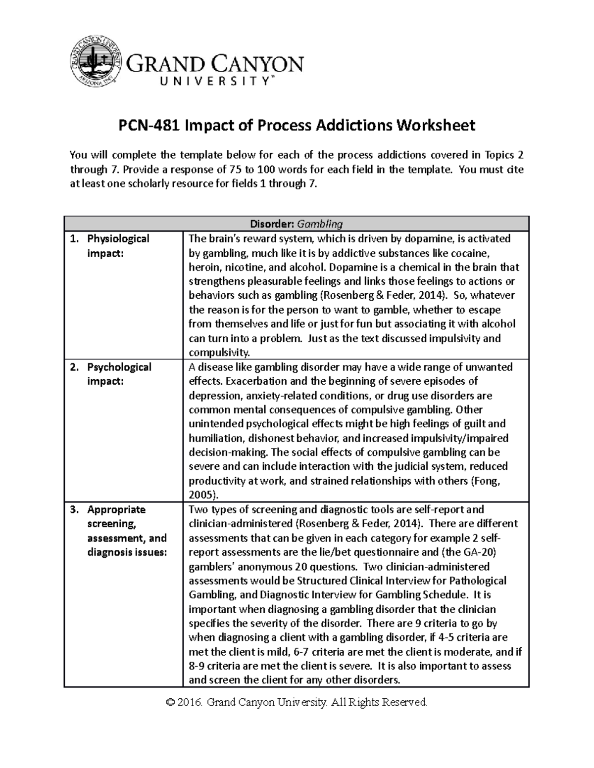PCN 481 Topic 2 Impact of Process Addictions Worksheet Gambling ...