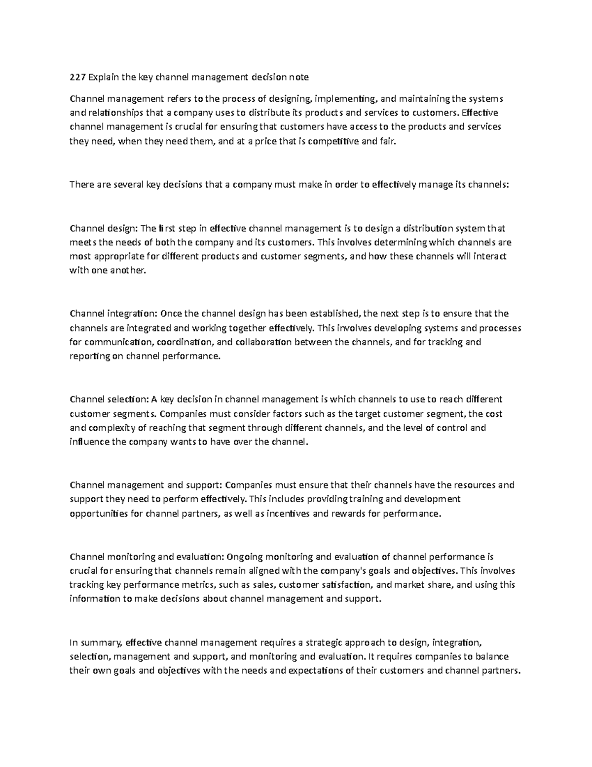 227 Explain the key channel management decision note - Effective ...