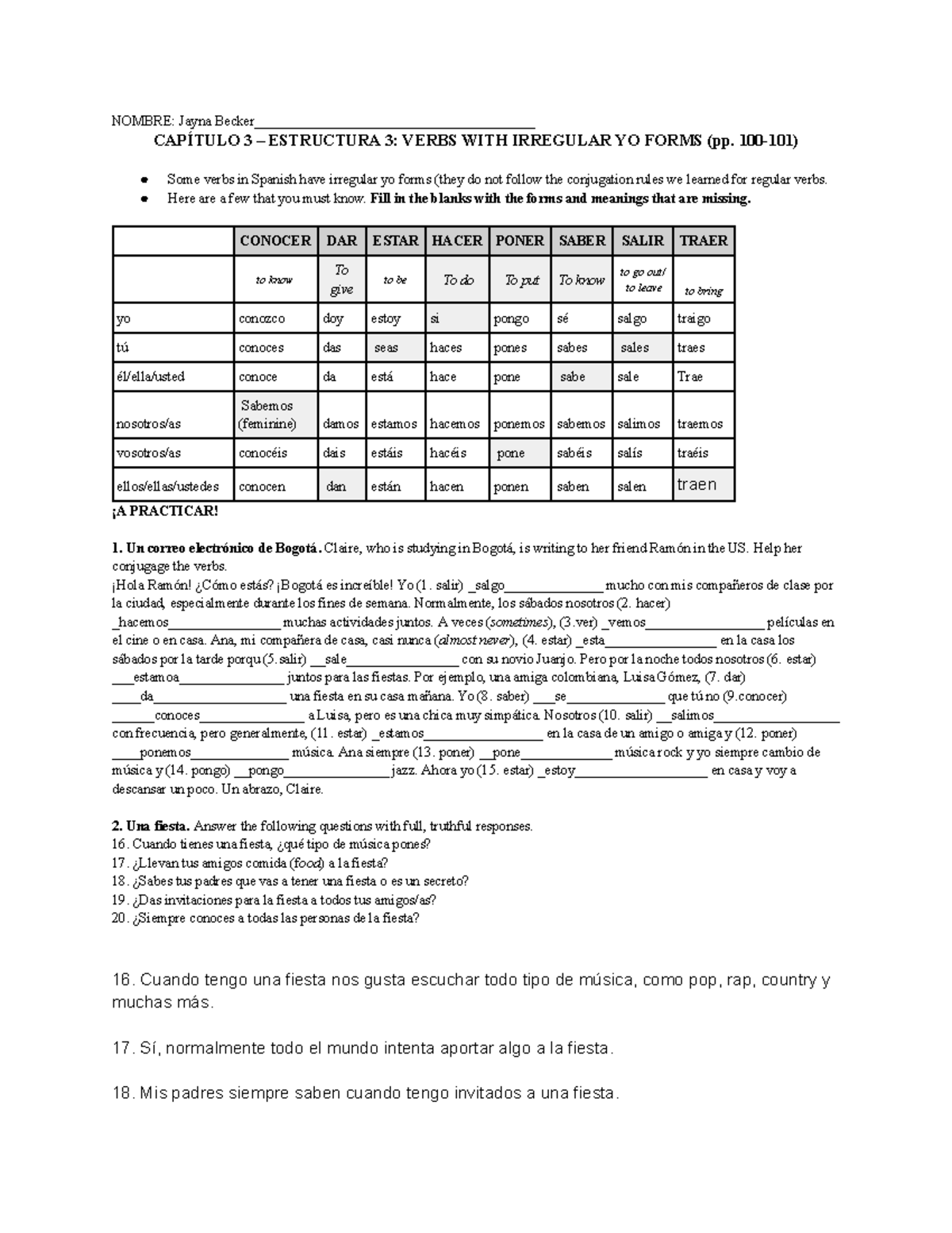 Capítulo 3 – Estructura 3 Verbs WITH Irregular YO Forms (pp. 100-101 ...