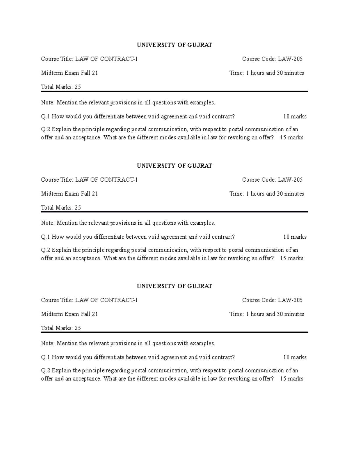 Contract questions - Question - UNIVERSITY OF GUJRAT Course Title: LAW ...