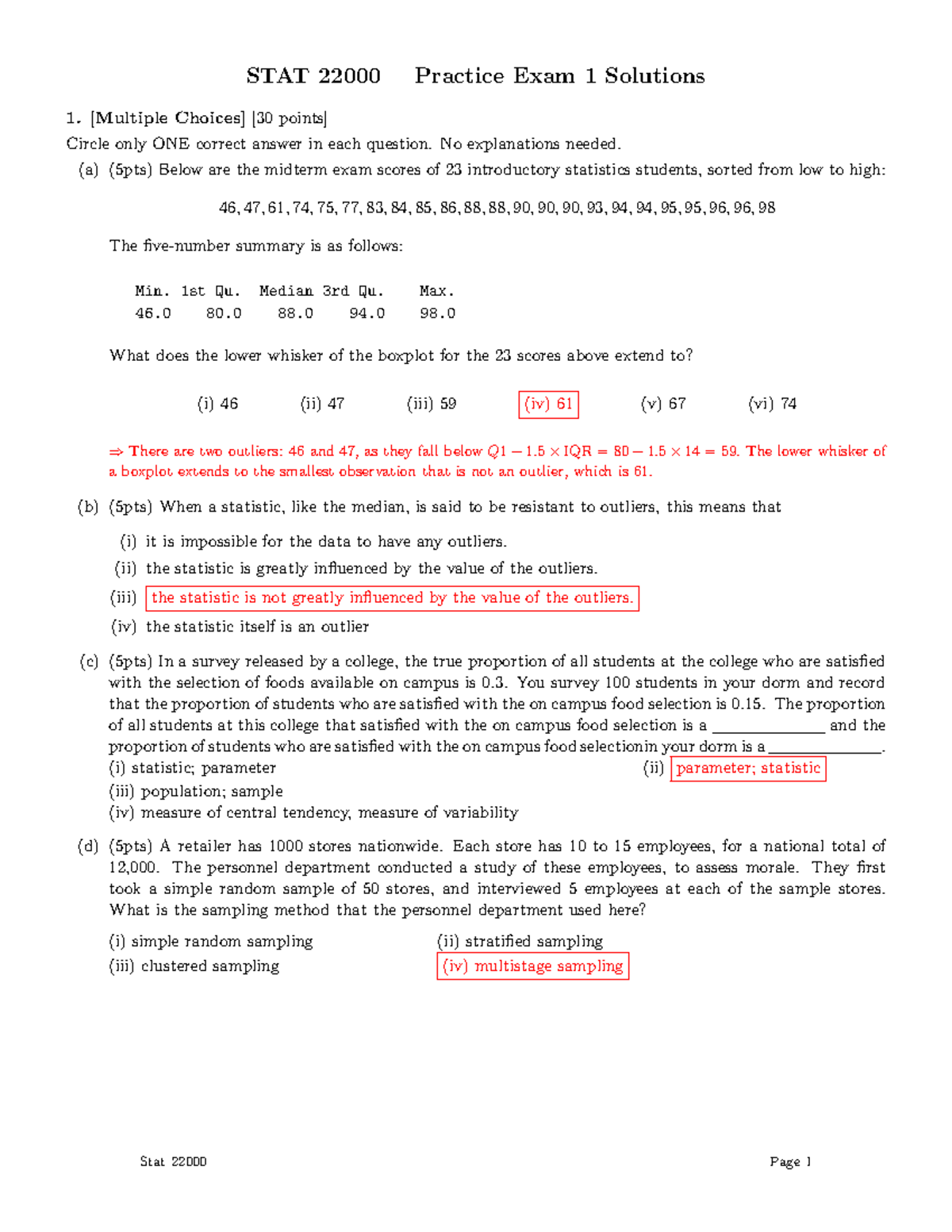 Stat220 Sample Exam 1 24Aut SOL - STAT 22000 Practice Exam 1 Solutions 1. [Multiple Choices] [30 ...