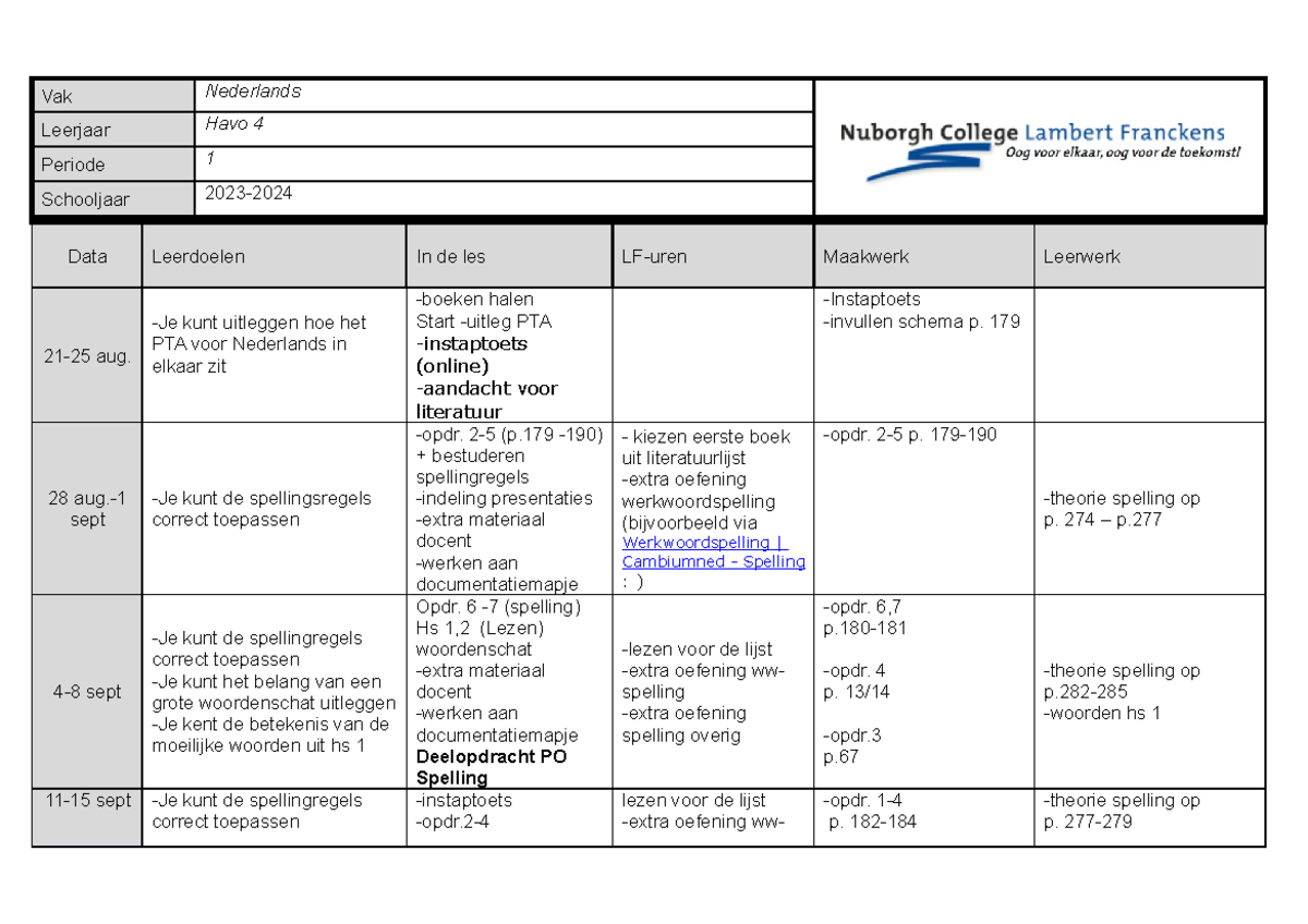 Planner P 1H42324 - staat veel info - Vak Nederlands Leerjaar Havo 4 ...