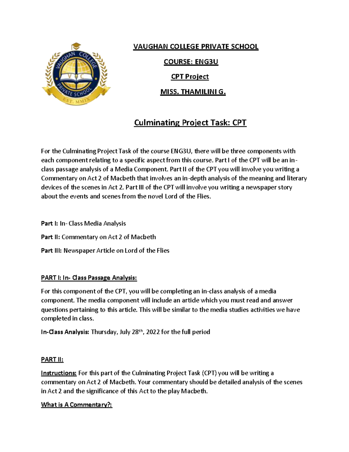 Culminating Project Task - ENG3U - VAUGHAN COLLEGE PRIVATE SCHOOL COURSE: ENG3U CPT Project MISS ...