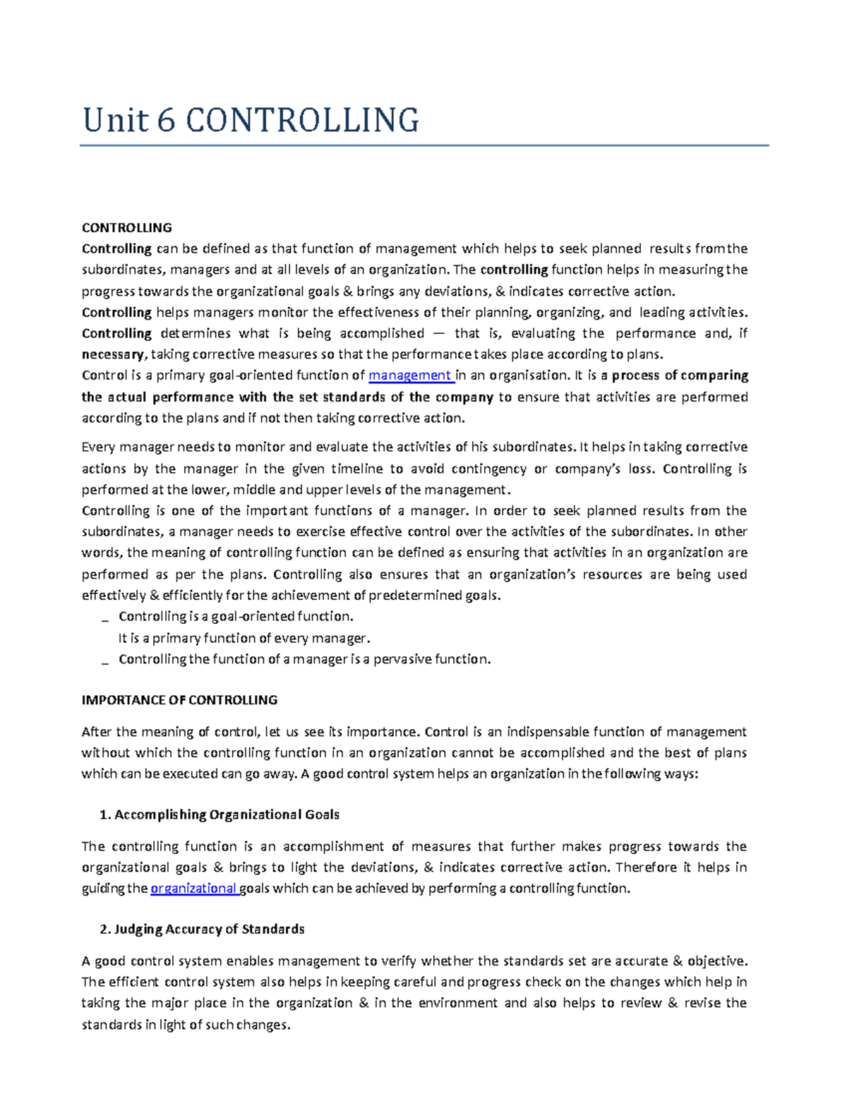 Unit 6 Controlling - Unit 6 CONTROLLING CONTROLLING Controlling can be ...