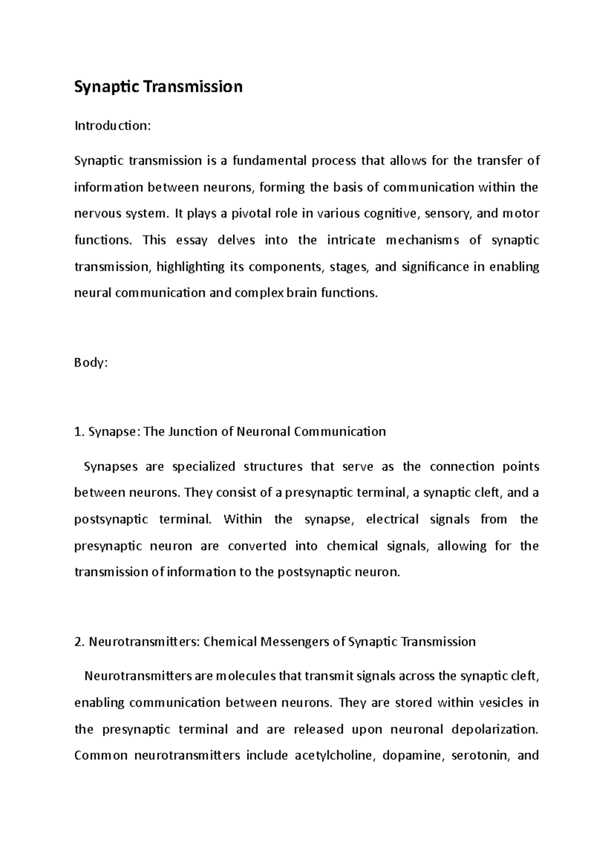 Synaptic Transmission - Synaptic Transmission Introduction: Synaptic ...