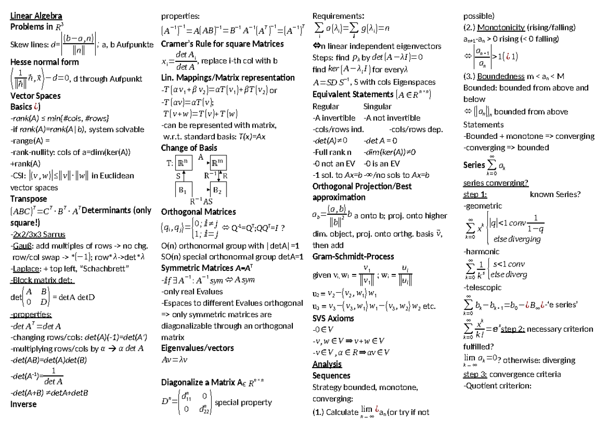 Mathe 1 Cheat Sheet - Linear Algebra Problems in R 3 Skew lines: d= | b ...