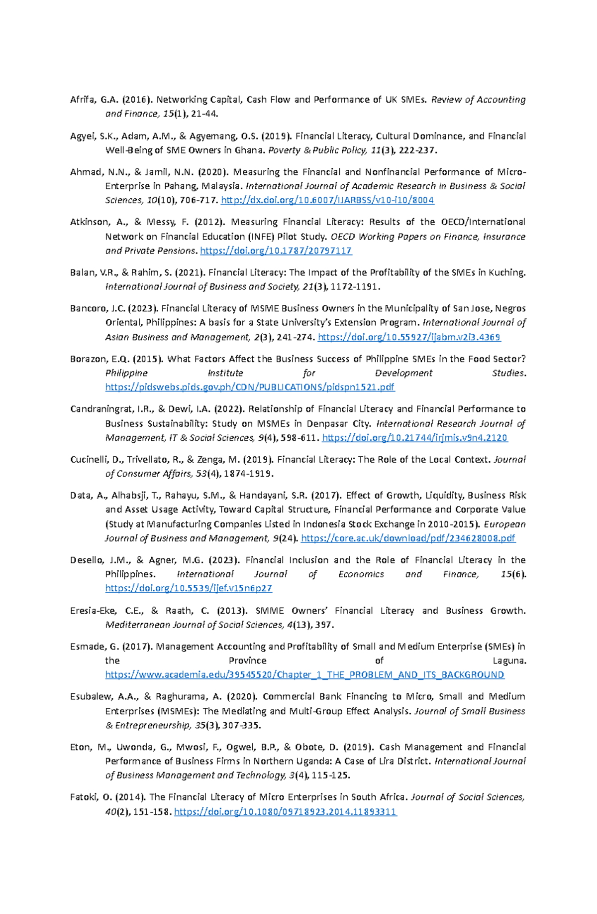 References - okokokokokokokok - Afrifa, G. (2016). Networking Capital ...