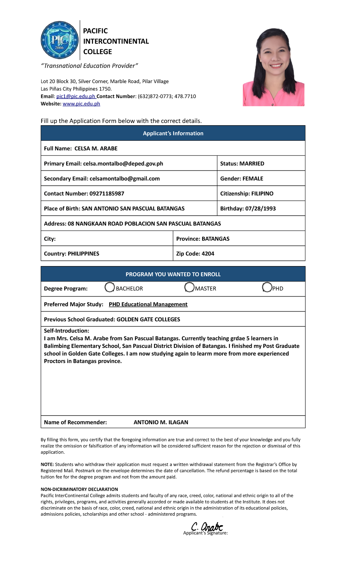 PIC Application Formas of March 2023 celsa - PACIFIC INTERCONTINENTAL ...