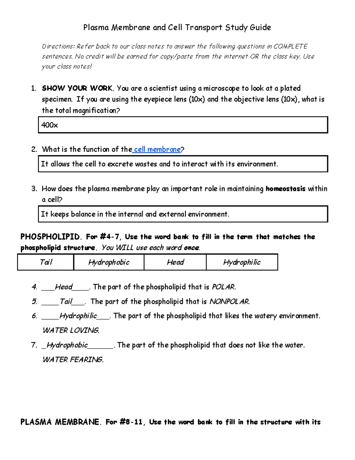 Owusua Hull - Study Guide-Cell Membrane - 10224884 - Plasma Membrane and Cell Transport Study ...
