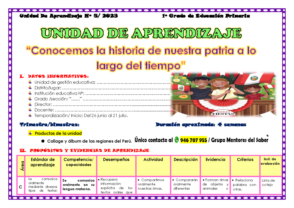 1° Grado Unidad DE Aprendizaje Julio - I. DATOS INFORMATIVOS: Unidad de ...