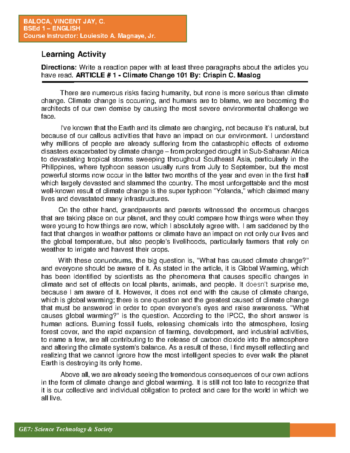 Baloca, Vincent Jay BSEd Eng STS L14 Learning Activity - BALOCA ...