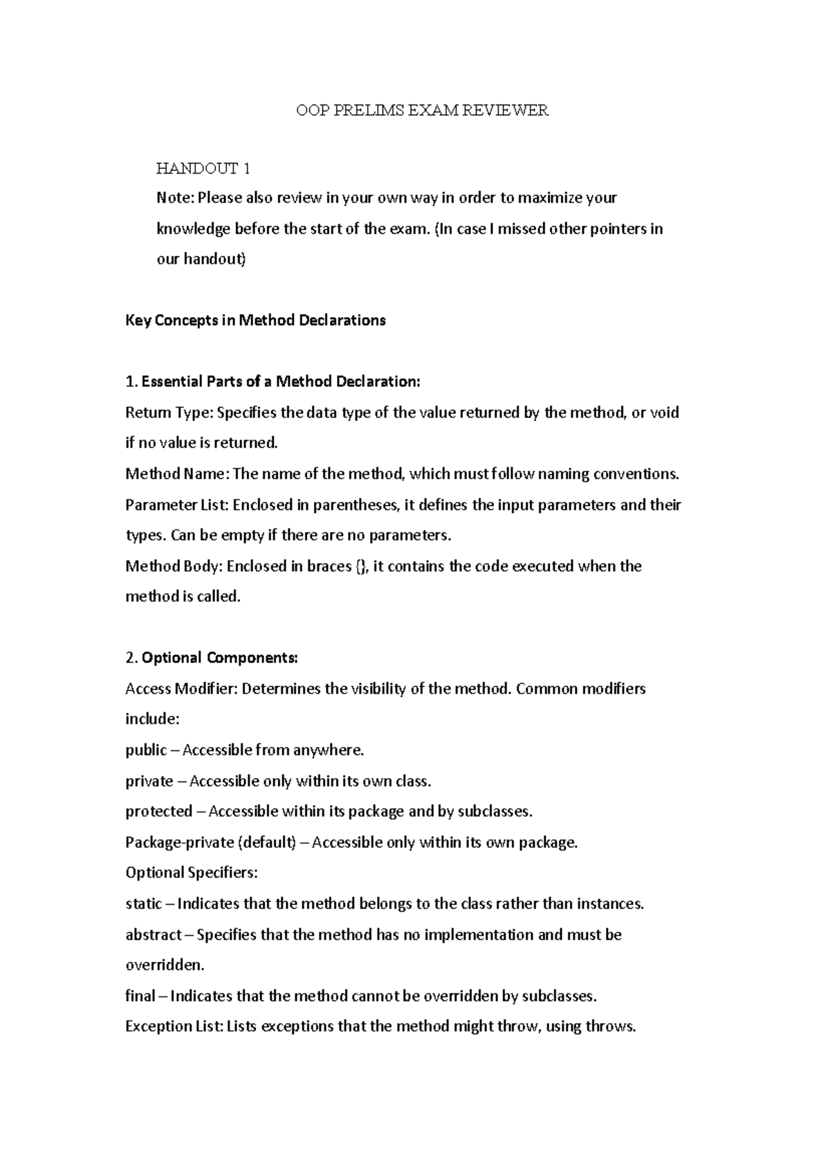 OOP Prelims EXAM Reviewer Handout 1 - OOP PRELIMS EXAM REVIEWER HANDOUT ...
