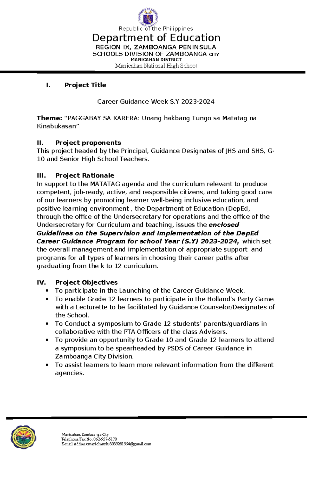 Career- Guidance- Project- Proposal-2023-2024 (1) - Department of Education REGION IX, ZAMBOANGA ...