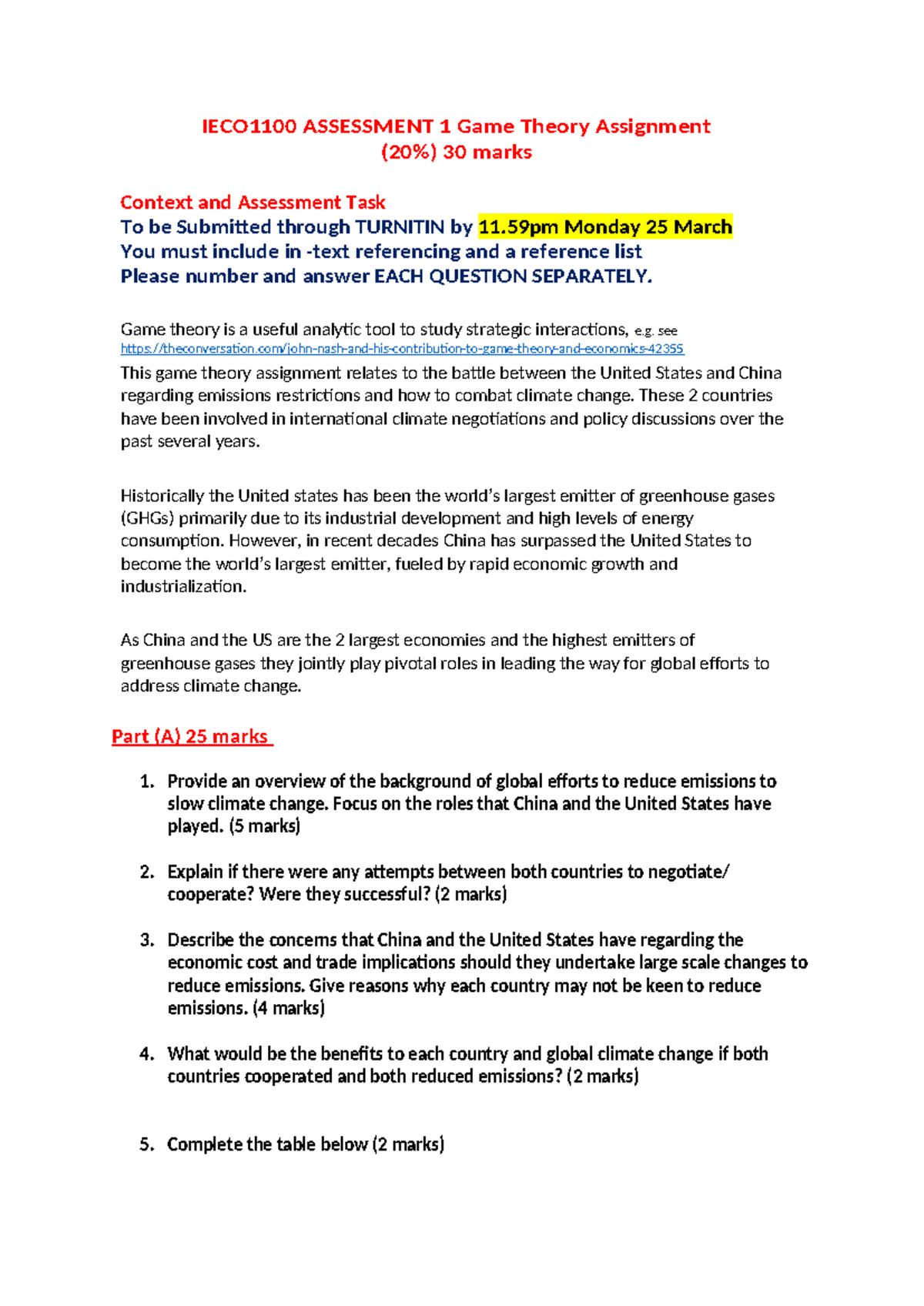 GAME Theory Assignment 202401 - IECO1100 ASSESSMENT 1 Game Theory Assignment (20%) 30 marks ...