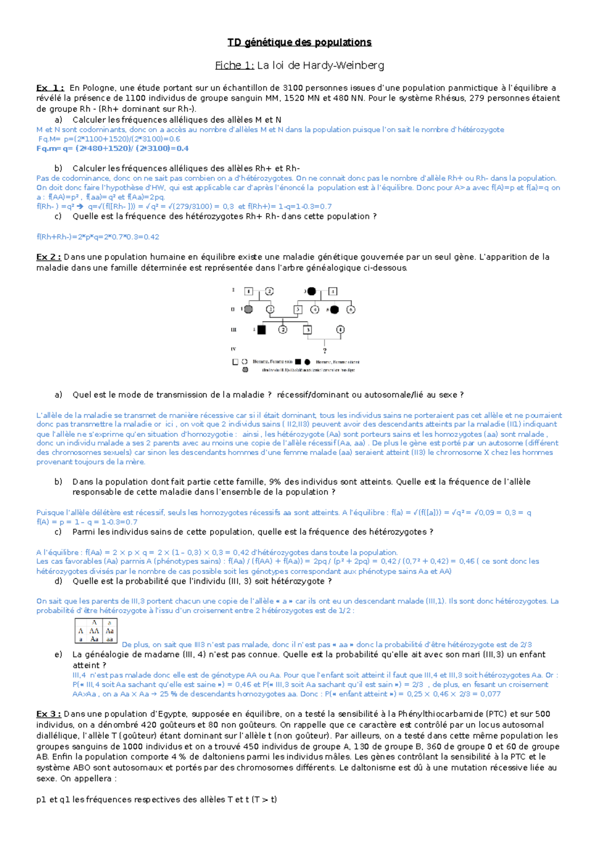 TD génétique des populations - TD génétique des populations Fiche 1: La ...