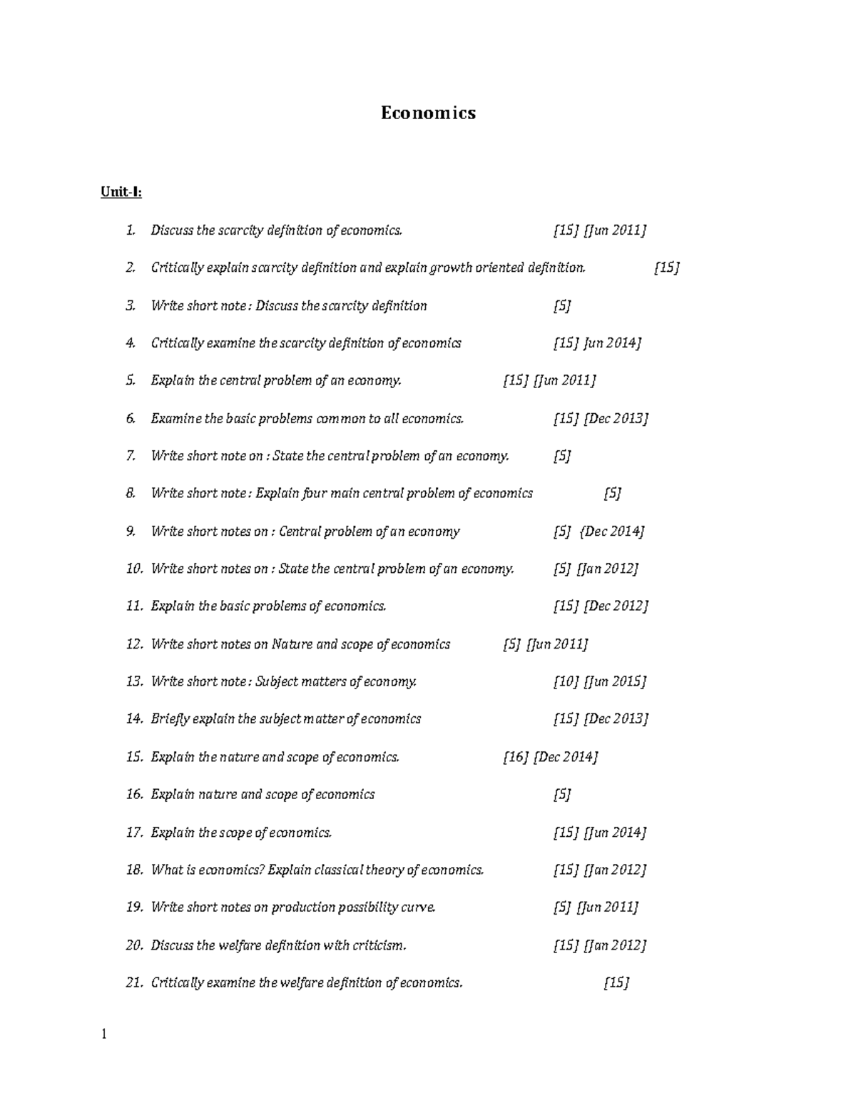 Economics - Oct - great note - Economics Unit-I: 1. Discuss the ...