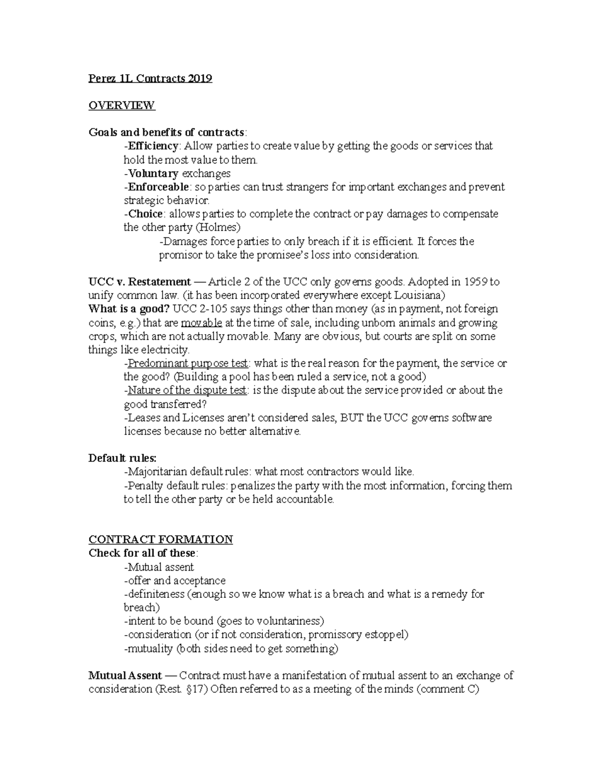 Contract Outline - Perez 1L Contracts 2019 OVERVIEW Goals and benefits ...
