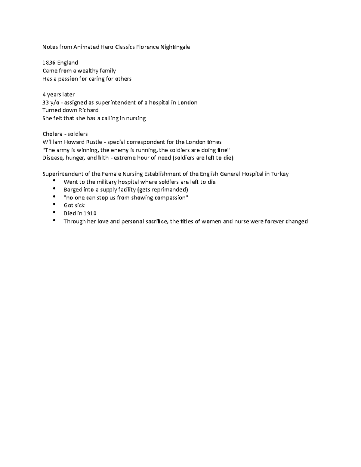 Notes from Animated Hero Classics Florence Nightingale - Studocu