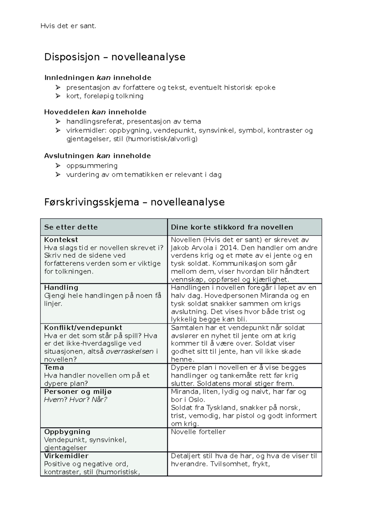 Disposisjon novelleanalyse - Hvis det er sant. Disposisjon – novelleanalyse Innledningen kan ...