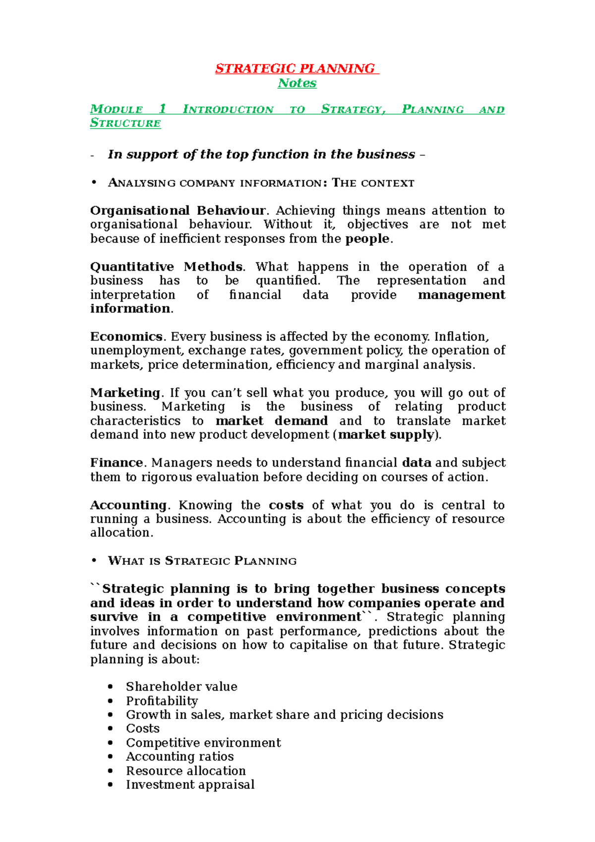 Strategic Planning Summary - STRATEGIC PLANNING Notes MODULE 1 ...