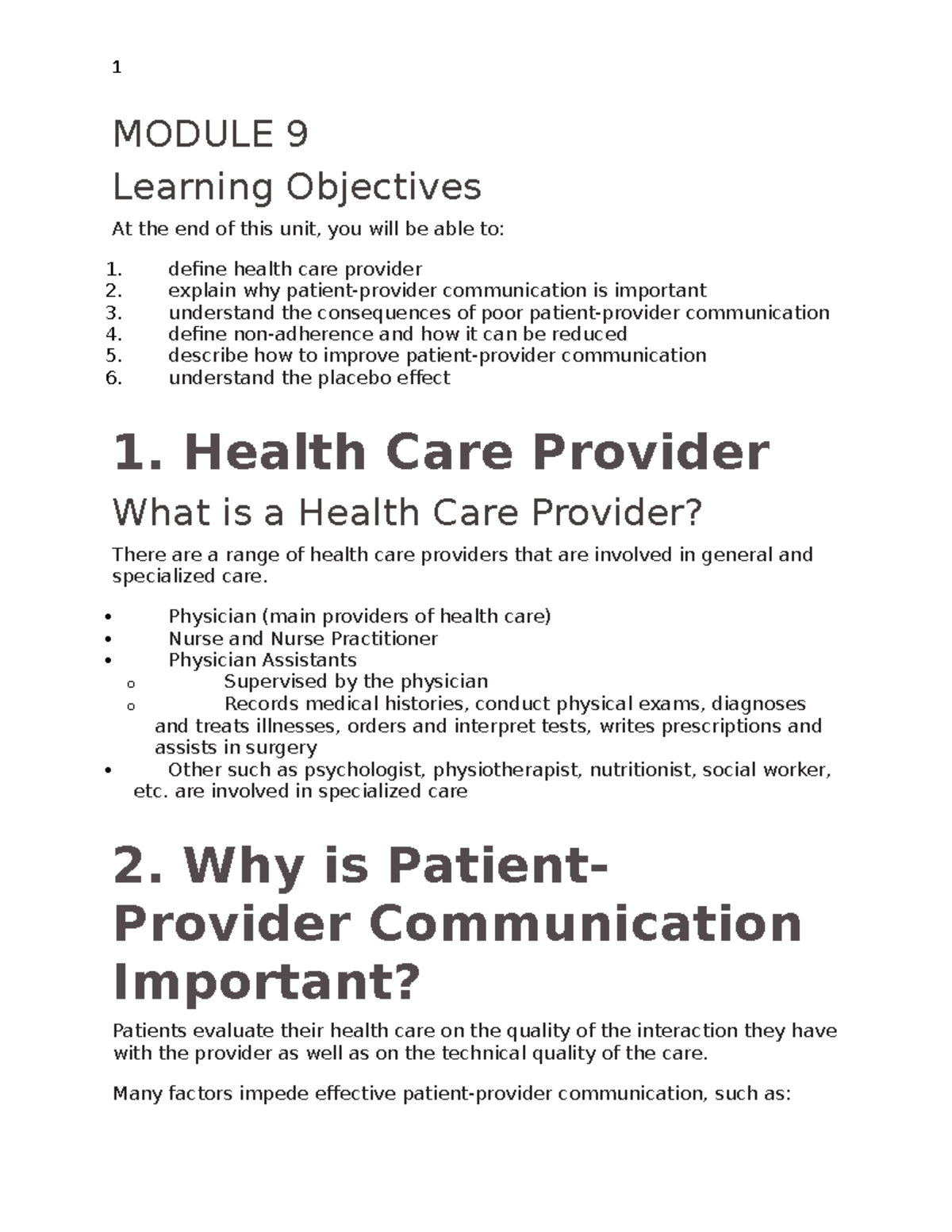 Module 9 - Patient-Provider Relations - 1 MODULE 9 Learning Objectives ...