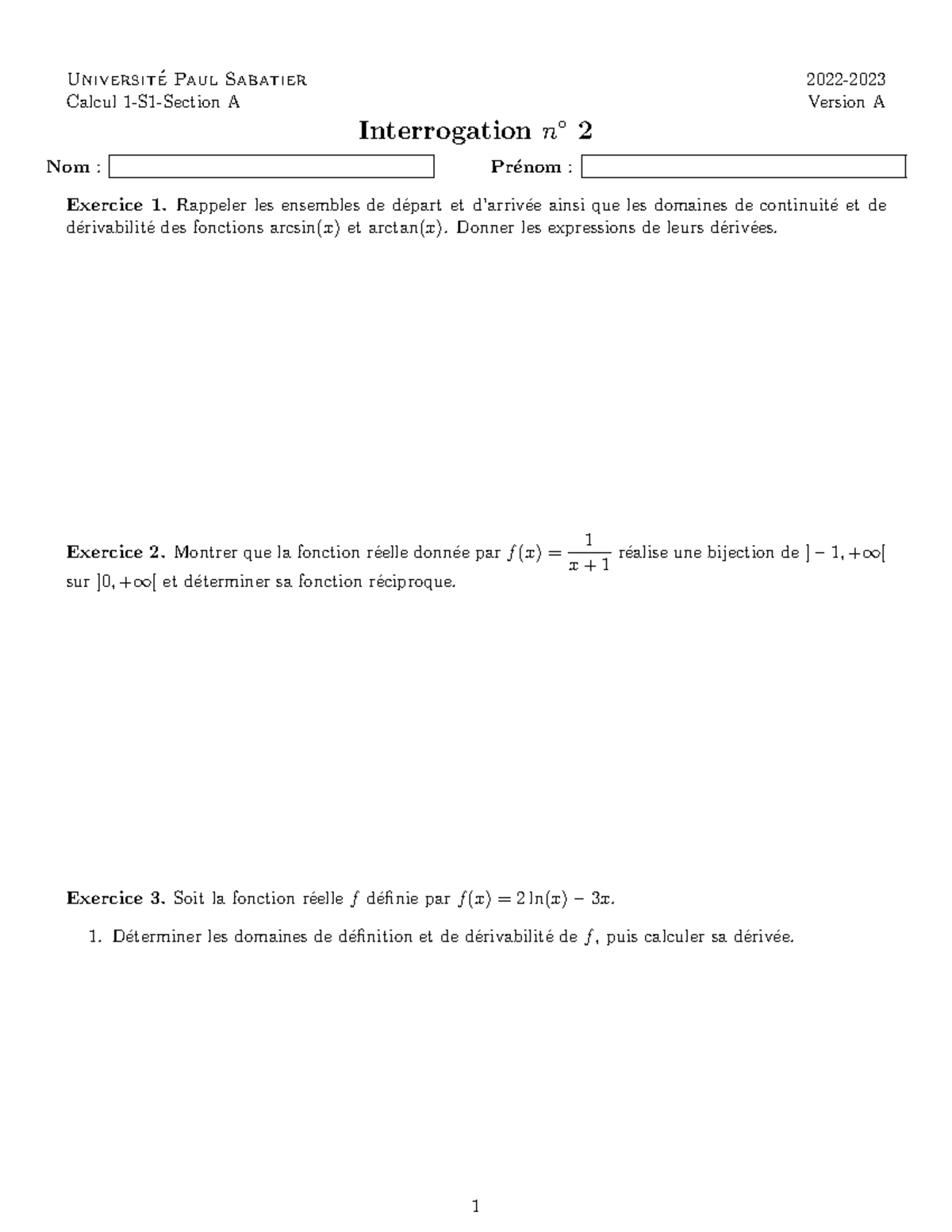 Interro 2 sujet a - Universit ́e Paul Sabatier 2022- Calcul 1-S1-Section A Version A ...