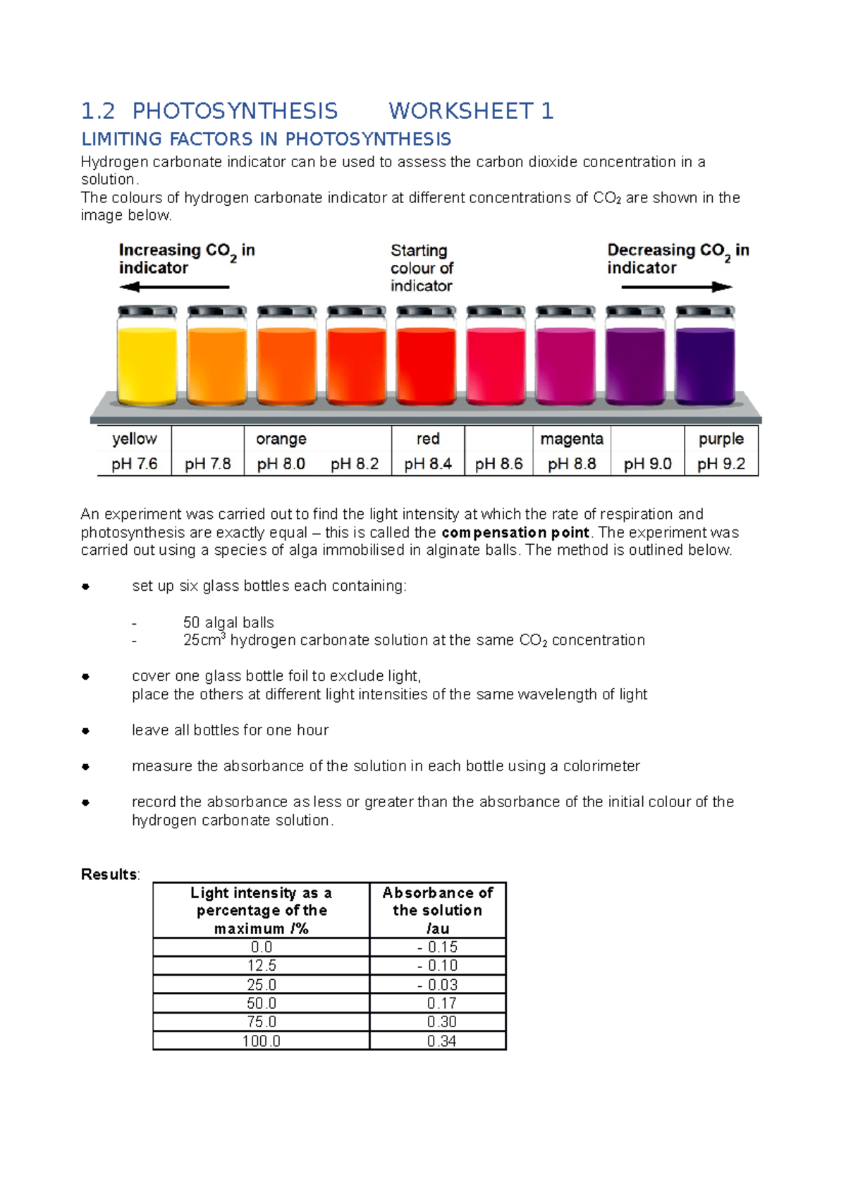 Photosynthesis worksheet 1 - 1 PHOTOSYNTHESIS WORKSHEET 1 LIMITING ...