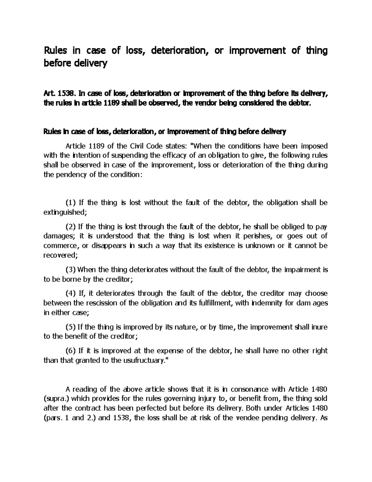 Rules in Case of Loss, Deterioration, or Improvement of Thing before ...