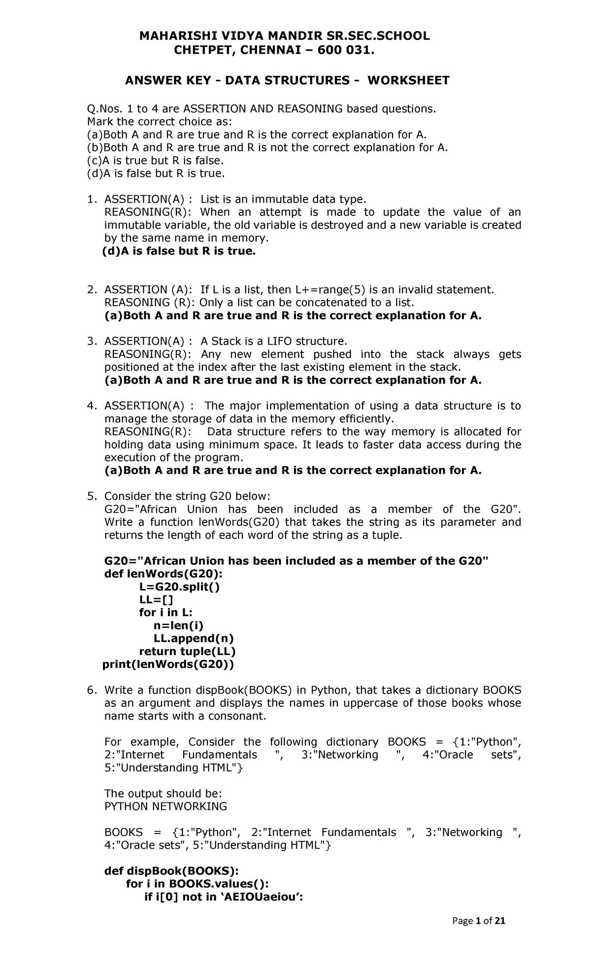 DATA Structures Worksheet - MAHARISHI VIDYA MANDIR SR.SEC CHETPET, CHENNAI – 600 031. ANSWER KEY ...