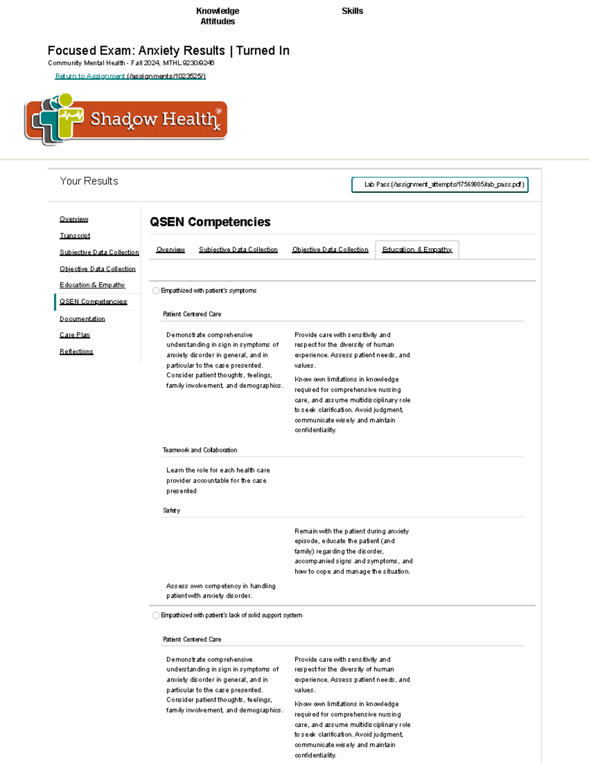 Anxiety John Larsen Shadow Health Education and Empathy QSEN - Focused ...