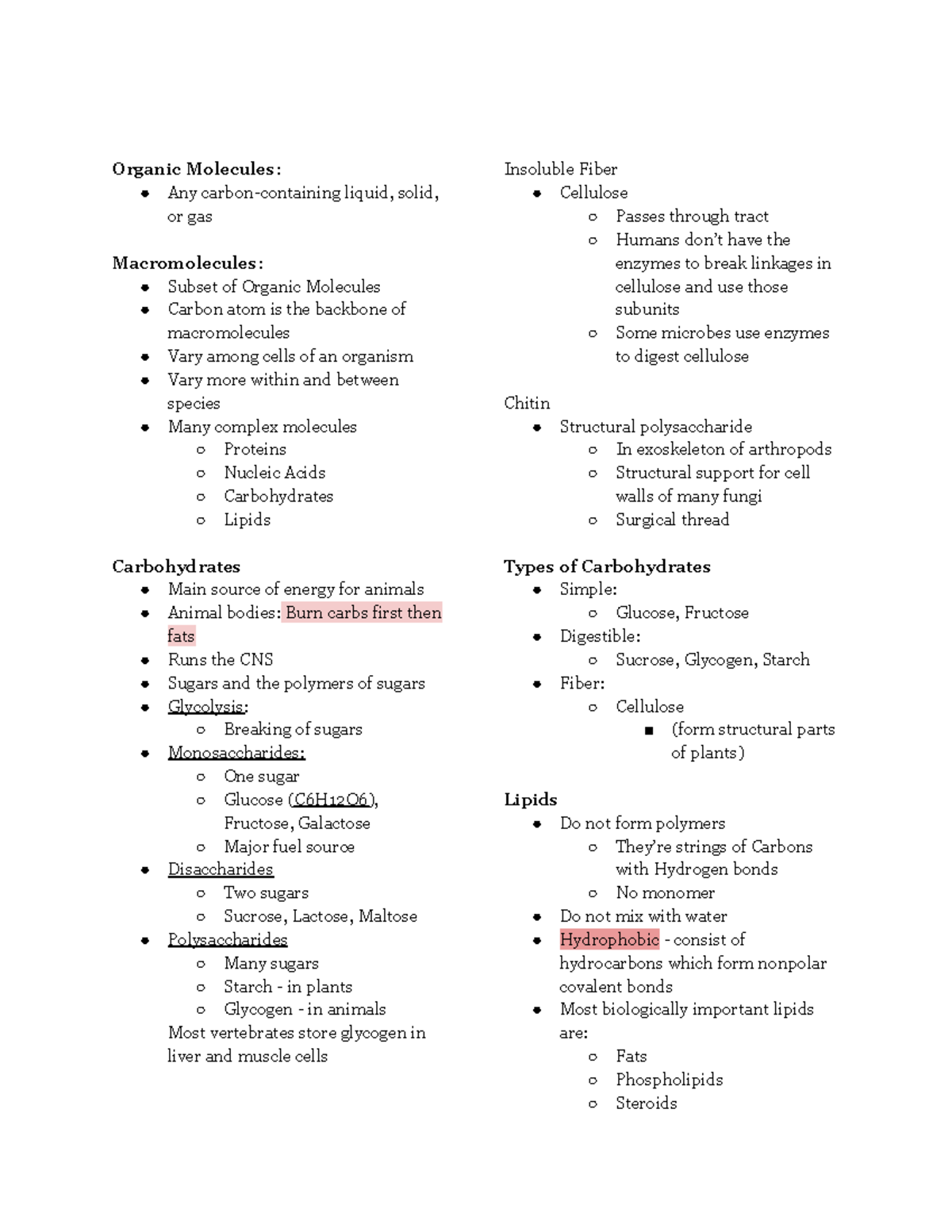 2.2 Notes - Organic Molecules, Macromolecules, Carbohydrates, Lipids ...