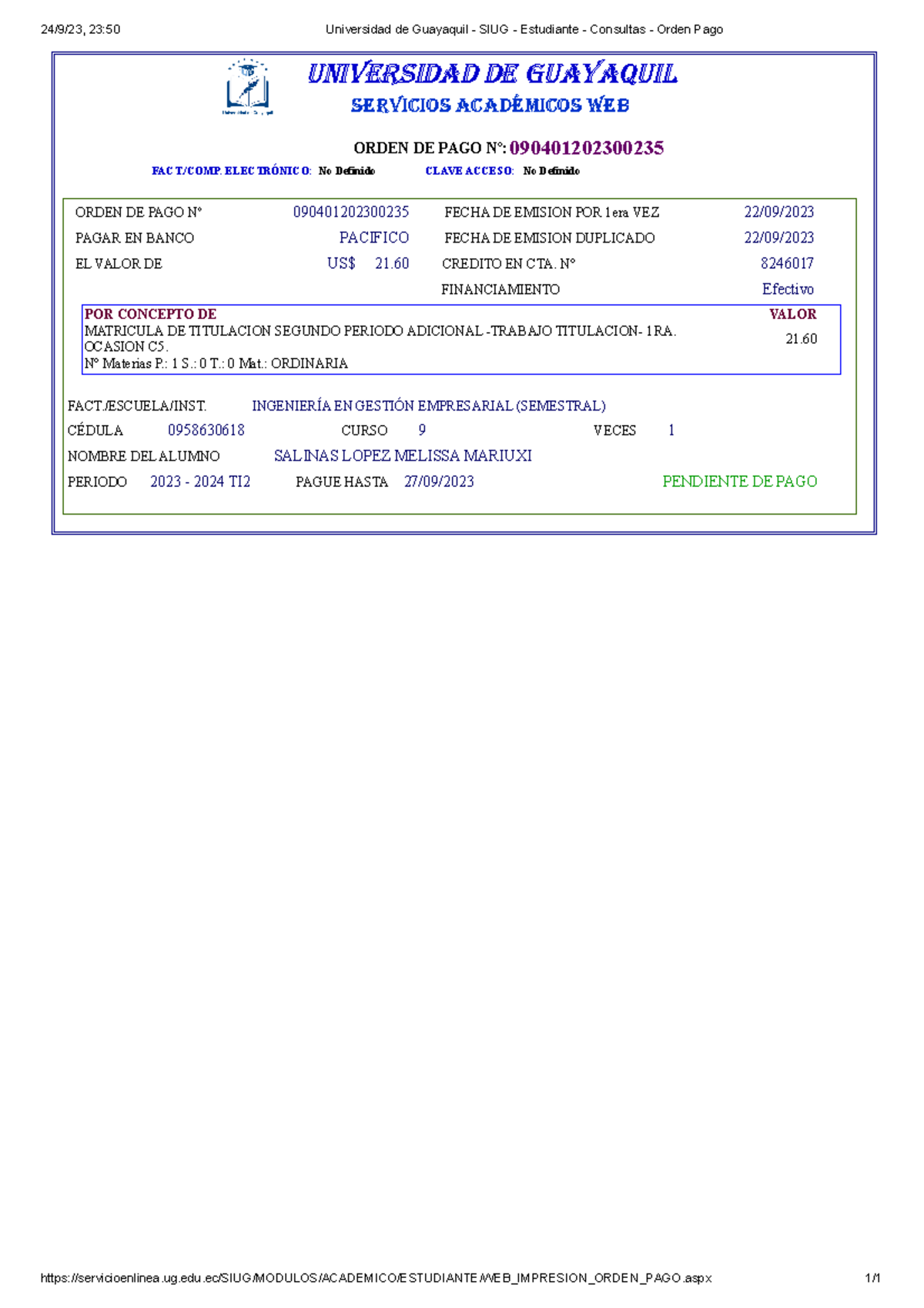 Universidad de Guayaquil - SIUG - Estudiante - Consultas - Orden Pago ...