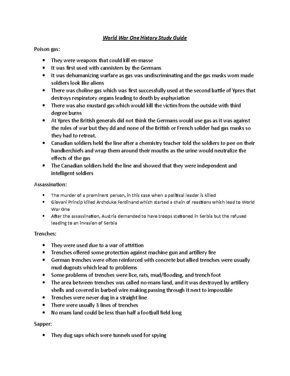 Grade 10 history WW1 study note - World War One History Study Guide ...