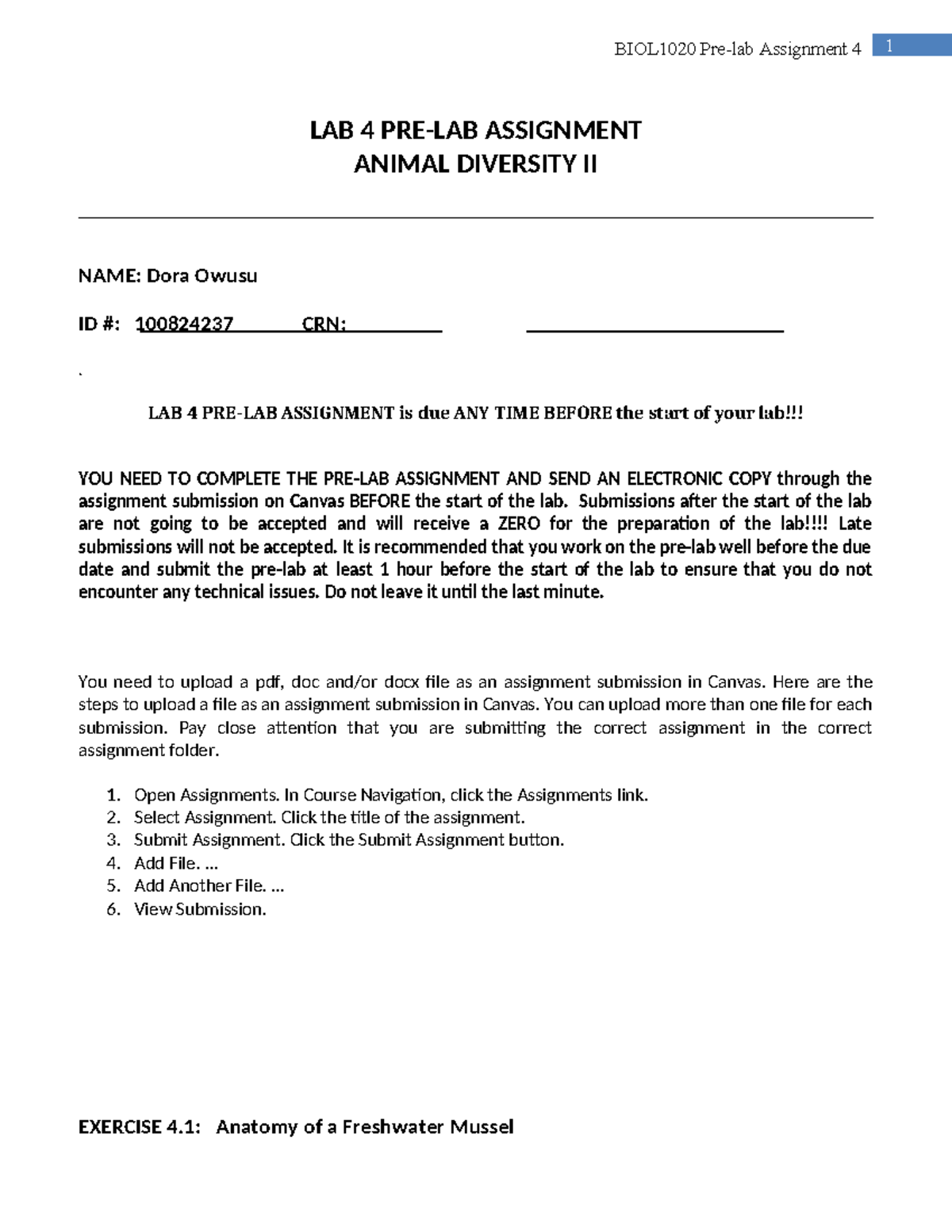 Lab 4 Pre-lab assignment S2024 done - LAB 4 PRE-LAB ASSIGNMENT ANIMAL DIVERSITY II NAME: Dora ...
