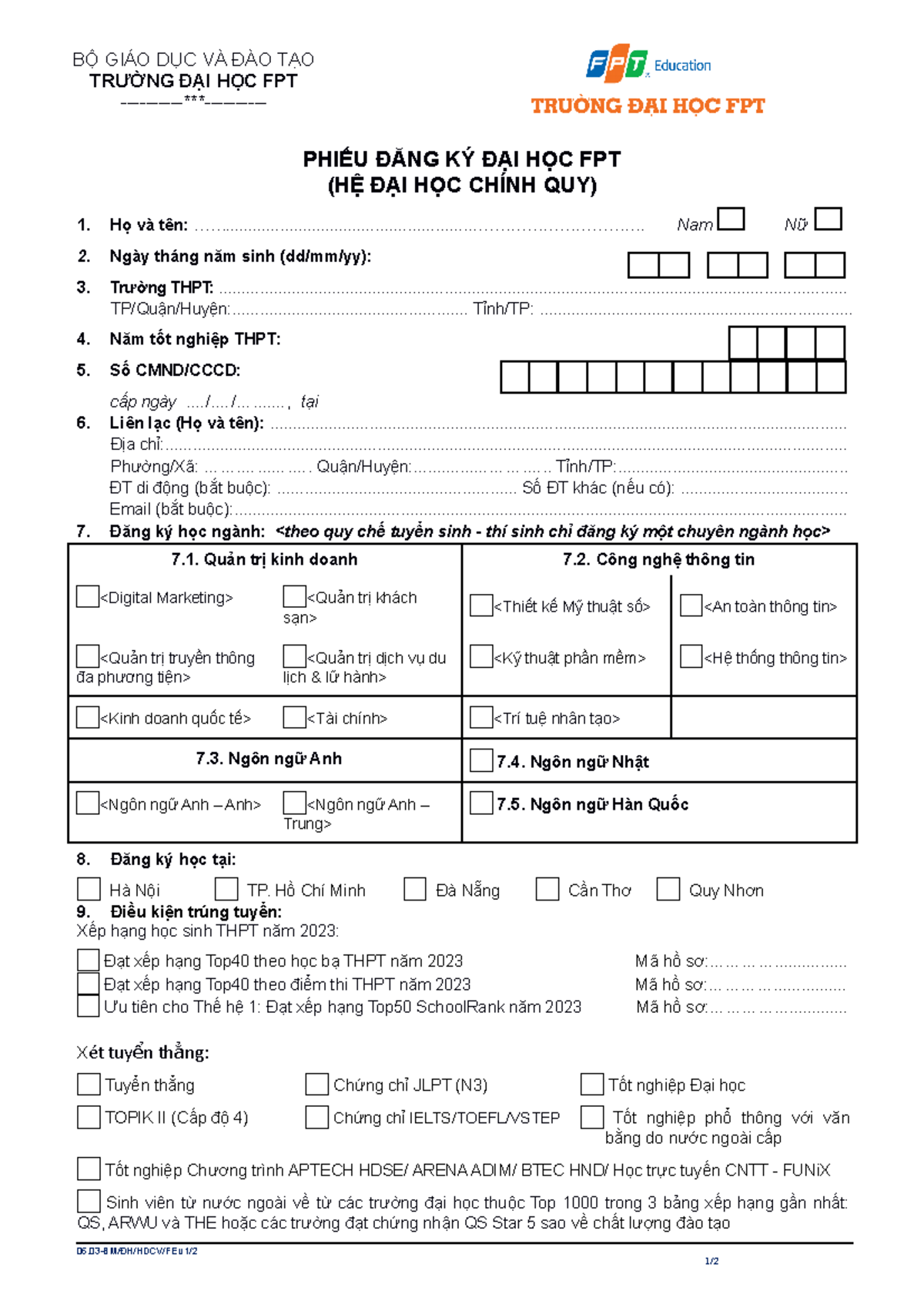 06 - Hshege - BỘ GIÁO DỤC VÀ ĐÀO TẠO TRƯỜNG ĐẠI HỌC FPT -***- PHIẾU ...