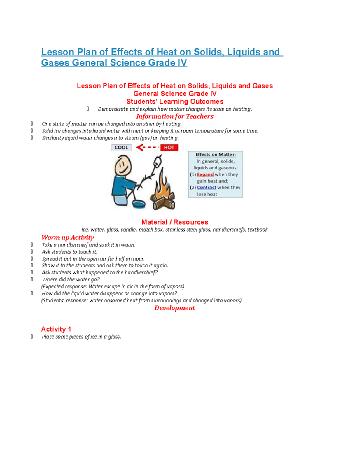 Lesson Plan of Effects of Heat on Solids - Information for Teachers ...