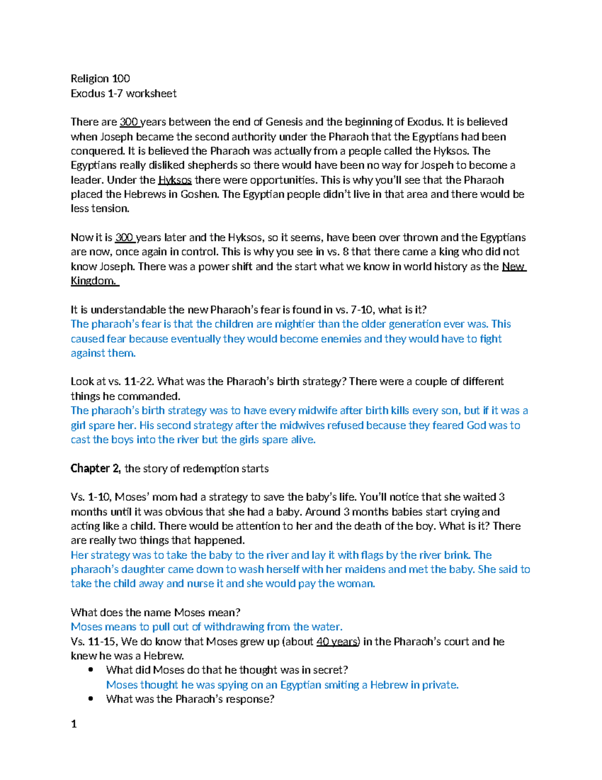 Exodus 1-7 homework - Assignment - Religion 100 Exodus 1-7 worksheet ...