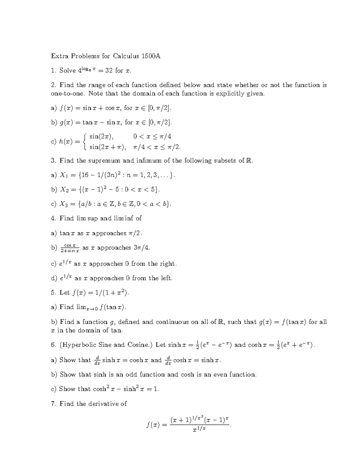 Calc 1500 Extra Questions Midterm - Extra Problems for Calculus 1500A ...