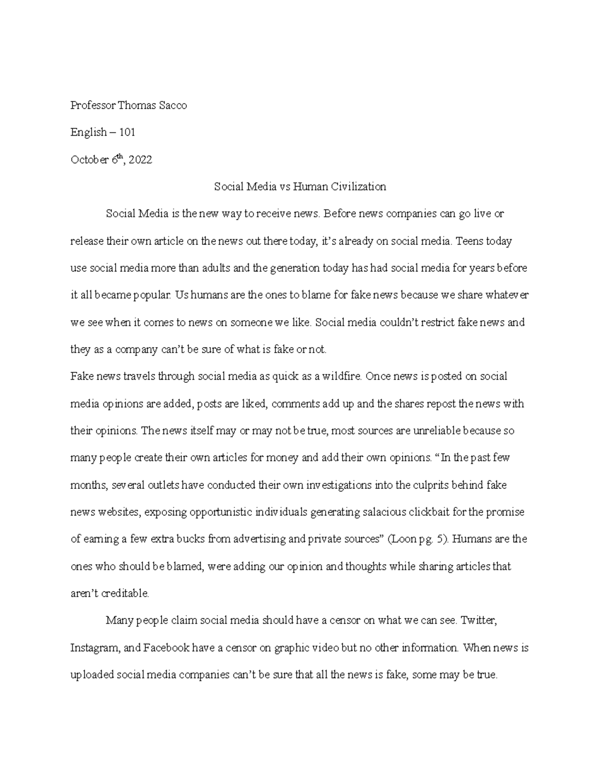 Social media essay - EXAMPLES - Professor Thomas Sacco English – 101 ...