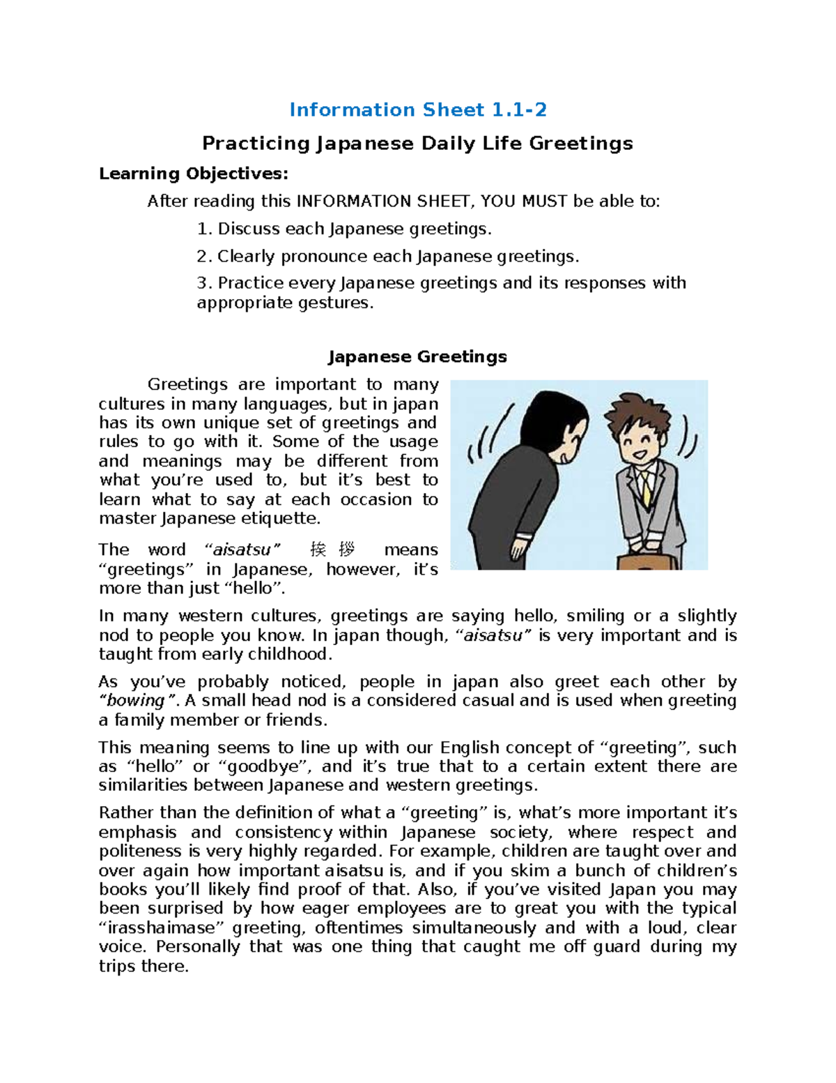 Practicing Japanese Daily Life Greetings - Information Sheet 1 ...
