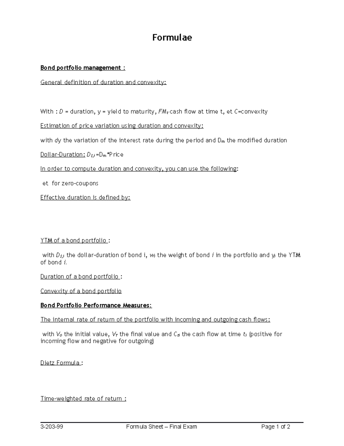 Formulae - final exam formula sheet - Formulae Bond portfolio ...