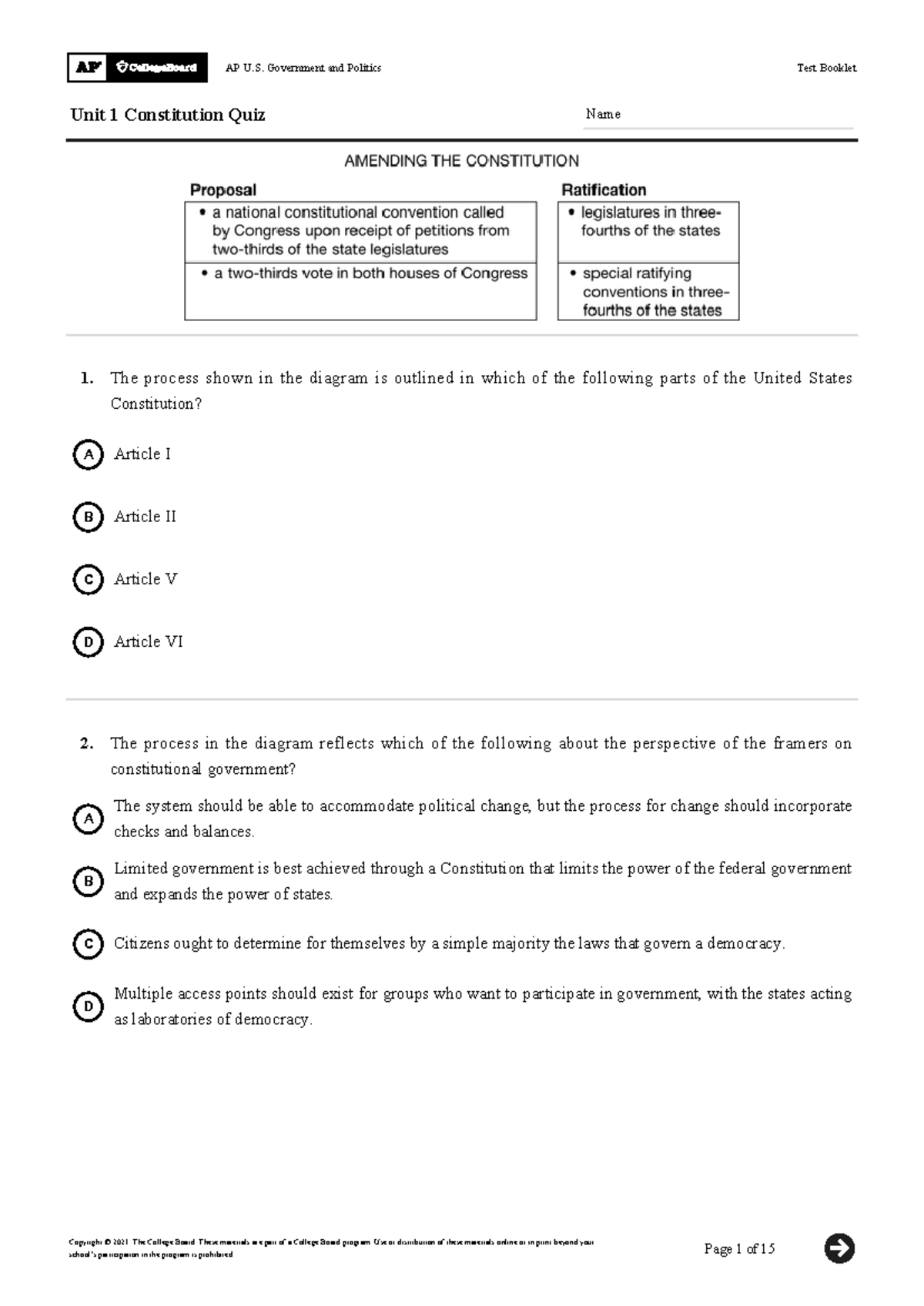 Unit1 Constitution Test 25mcq1frq - Unit 1 Constitution Quiz Name ...