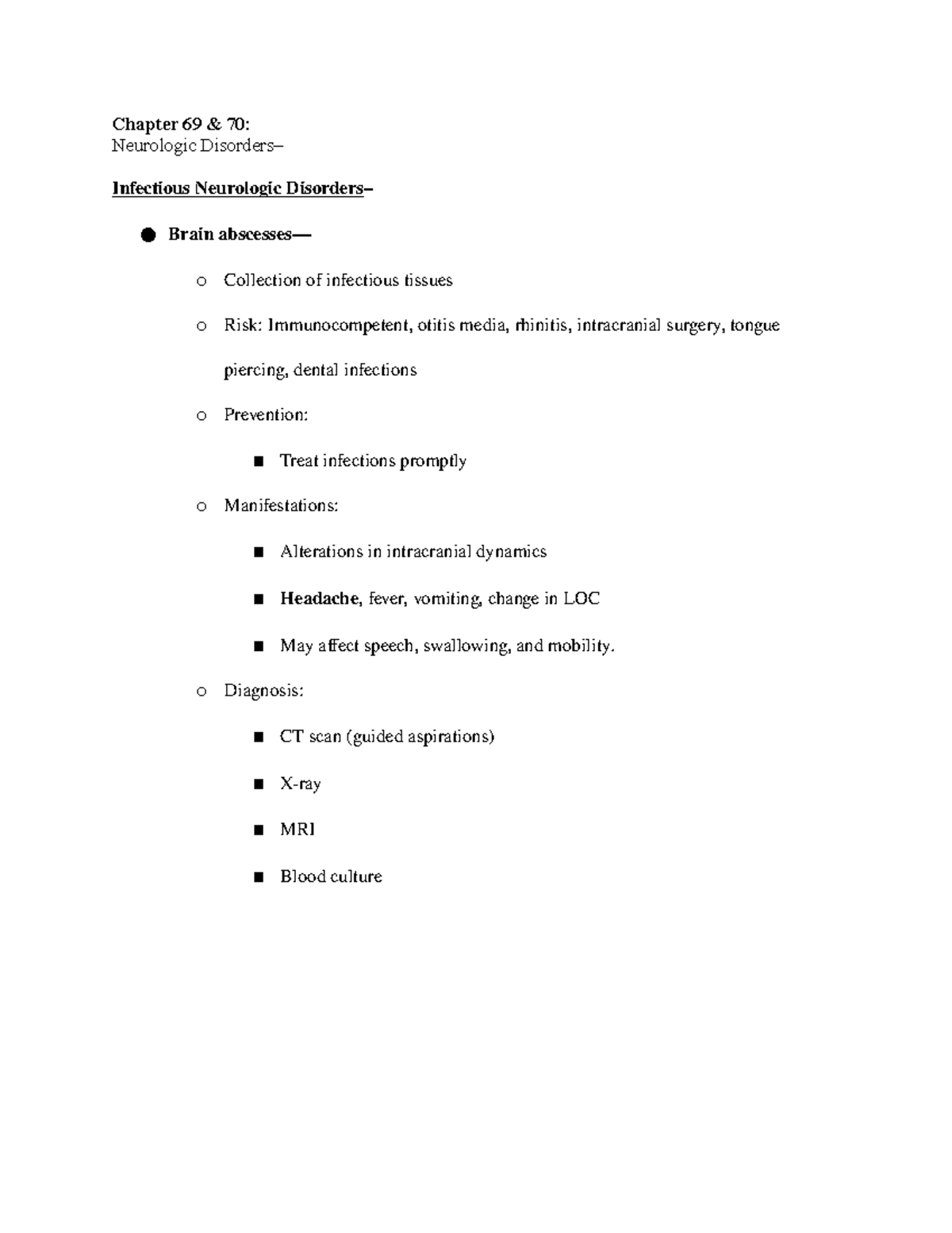 Neurologic Disorders (ch. 69 &70) - Chapter 69 & 70: Neurologic ...