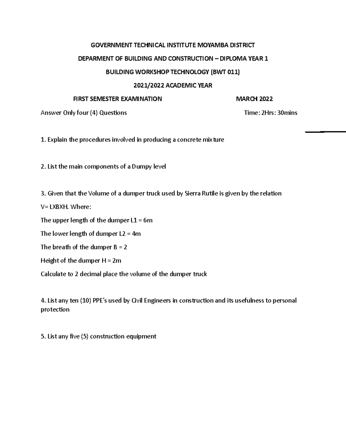 Building Workshop Technology First Semester Exam - GOVERNMENT TECHNICAL ...