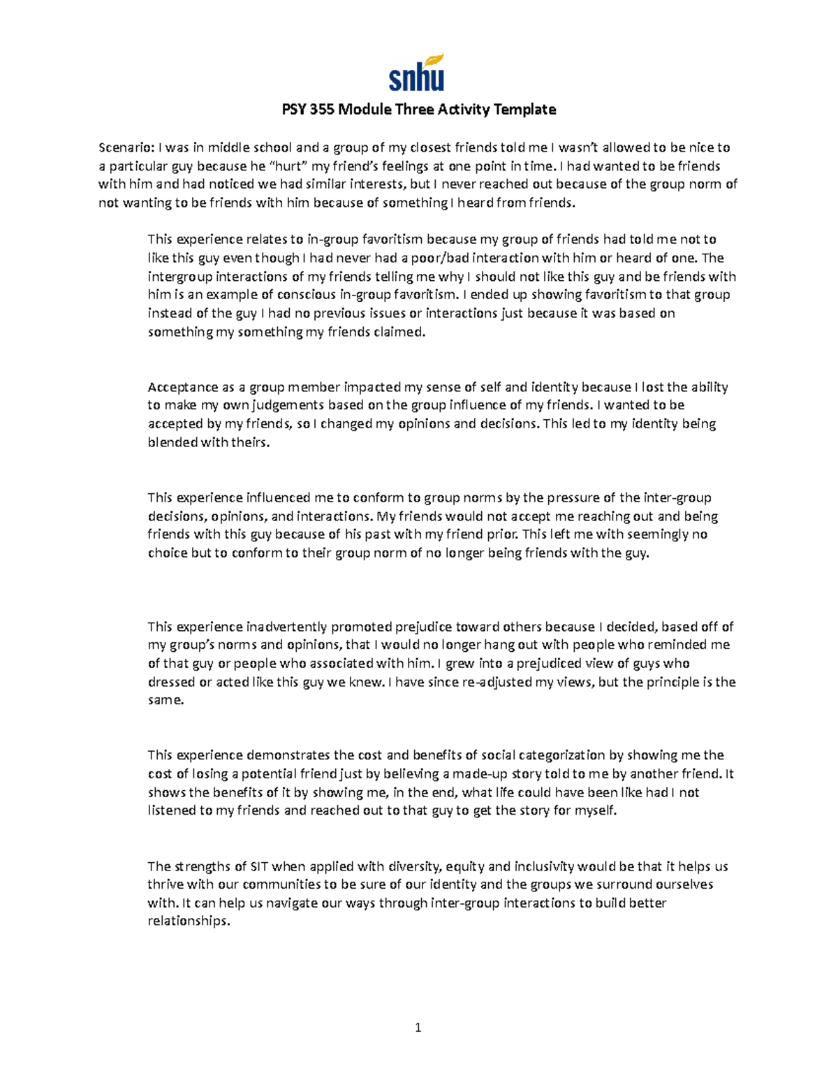 MOD 3 - mod 3 - PSY 355 Module Three Ac琀椀vity Template Scenario: I was ...