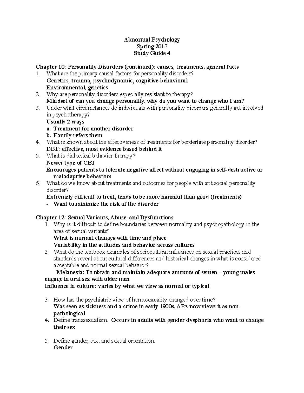 Study Guide 4 - Lecture notes Test 4 - Abnormal Psychology Spring 2017 ...