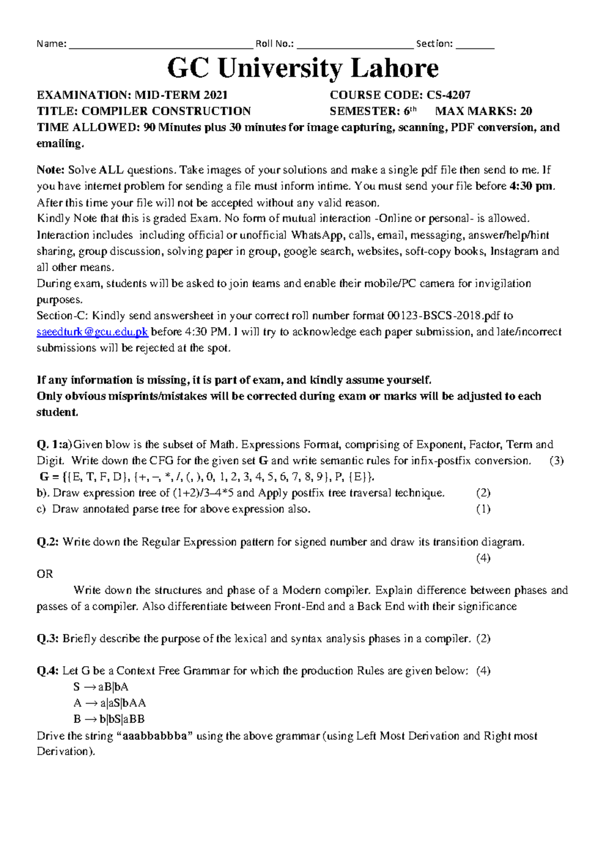 Compiler-mid-2021(Saeed) - Name: _________________________________ Roll ...