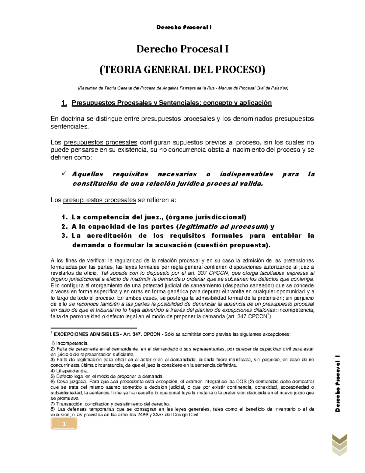 Procesal I -Teoria General del Proceso - Derecho Procesal I Derecho Procesal I (TEORIA GENERAL ...